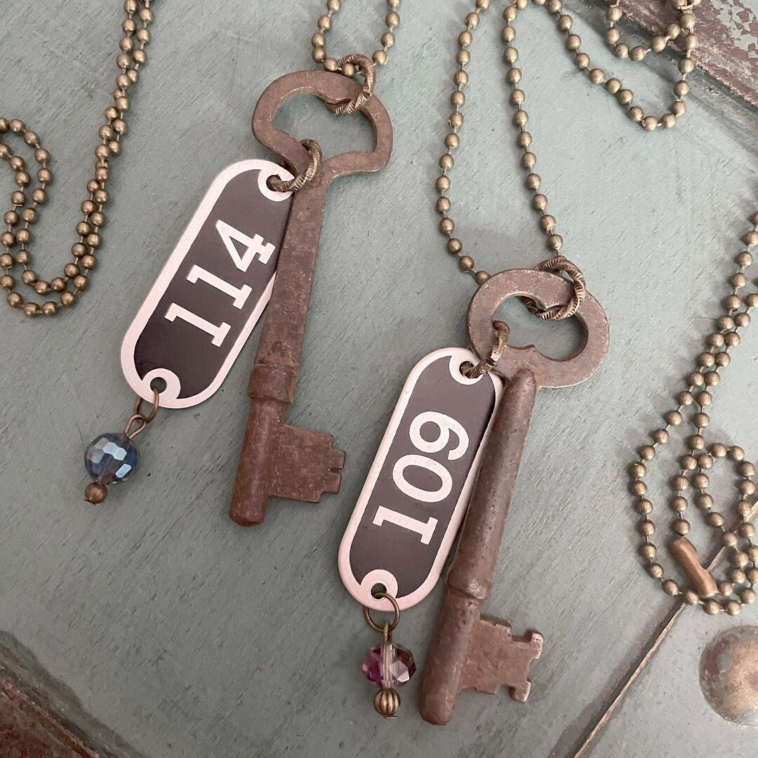Vintage Skeleton Key With Aluminum Theatre Seat Number Tag, Locker Tag ...