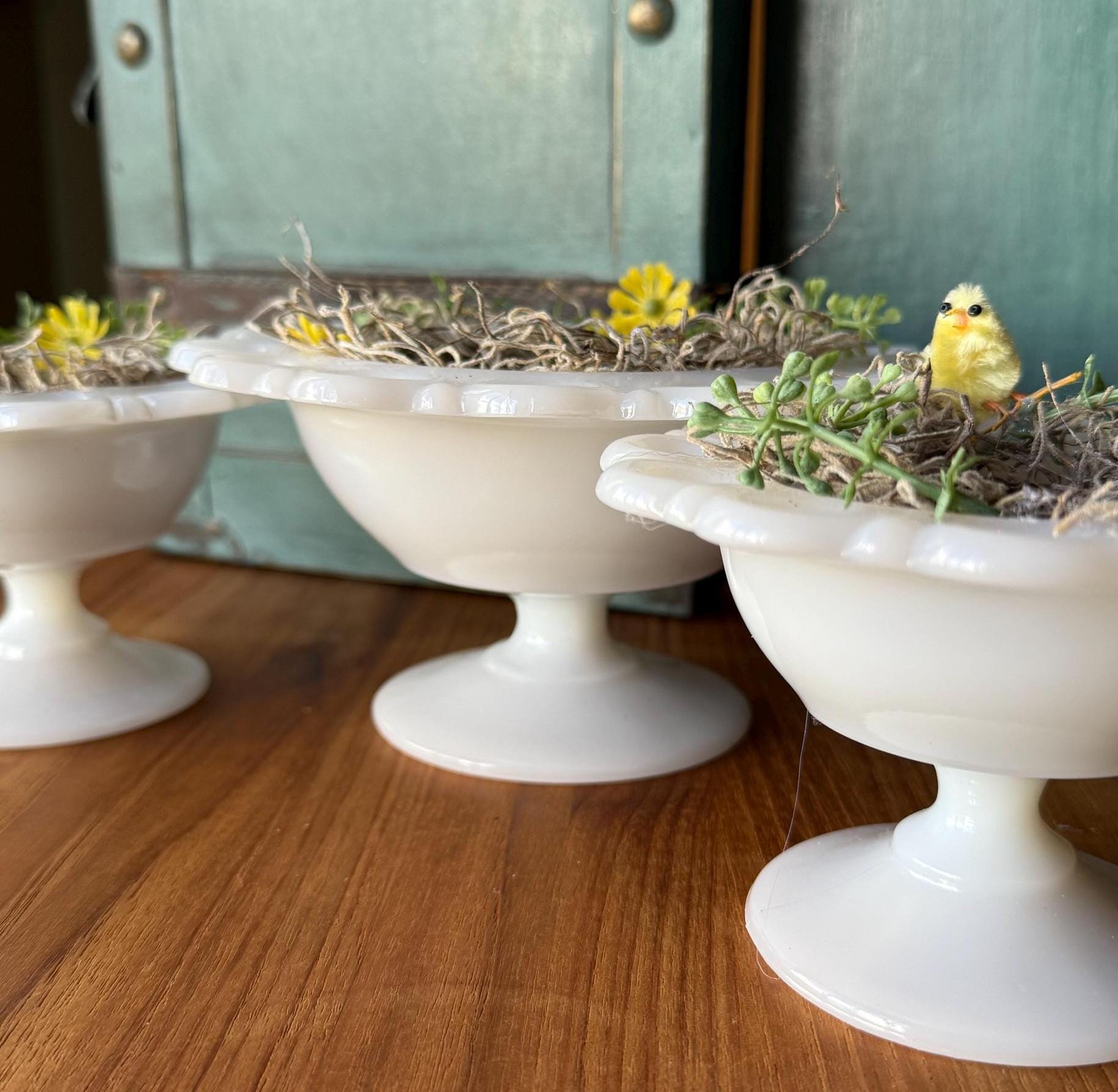 Milk Glass Pedestal Bowl Birds Nest, Anchor Hocking Lace Edge, Milk ...