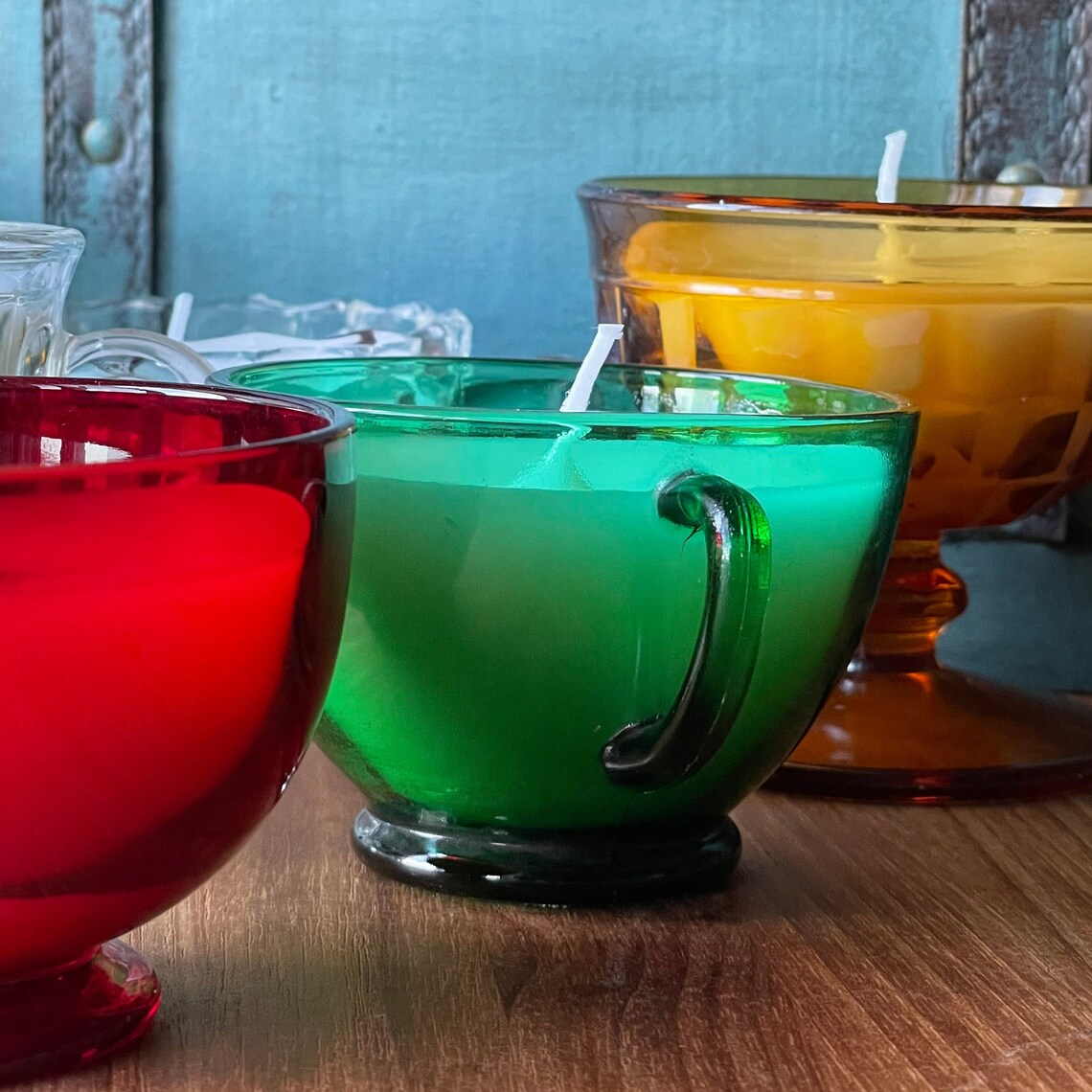 Vintage Glass Hand-poured Candles, Colored Glass, Unscented, Antique ...