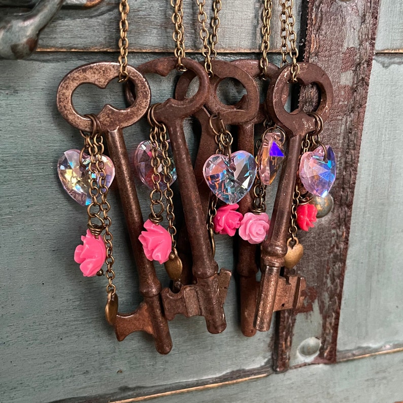 Vintage Skeleton Key Necklace With Heart Crystal, Pink Rose, Valentine ...