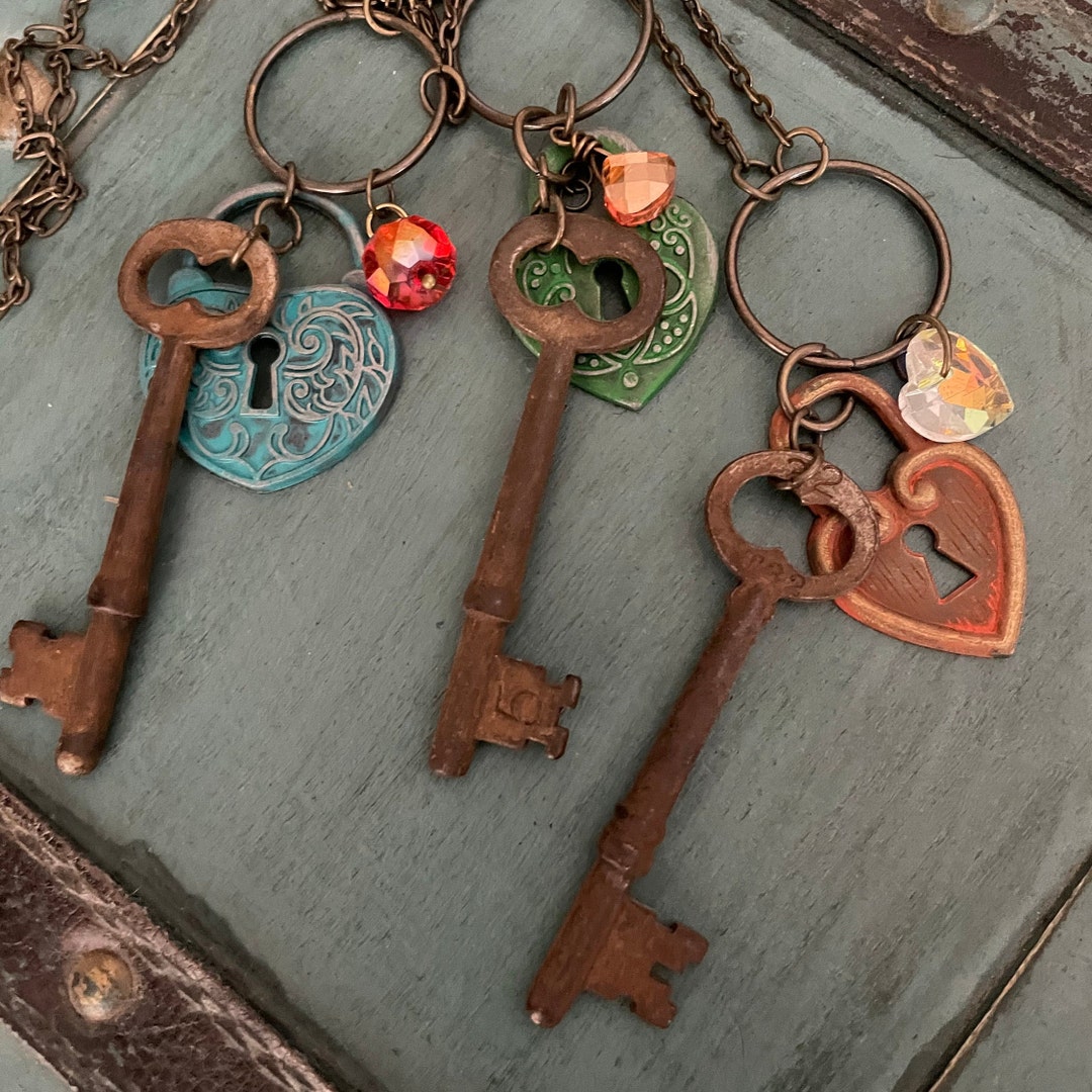 Vintage Skeleton Key With Heart Lock and Crystal Pendant, Antique ...