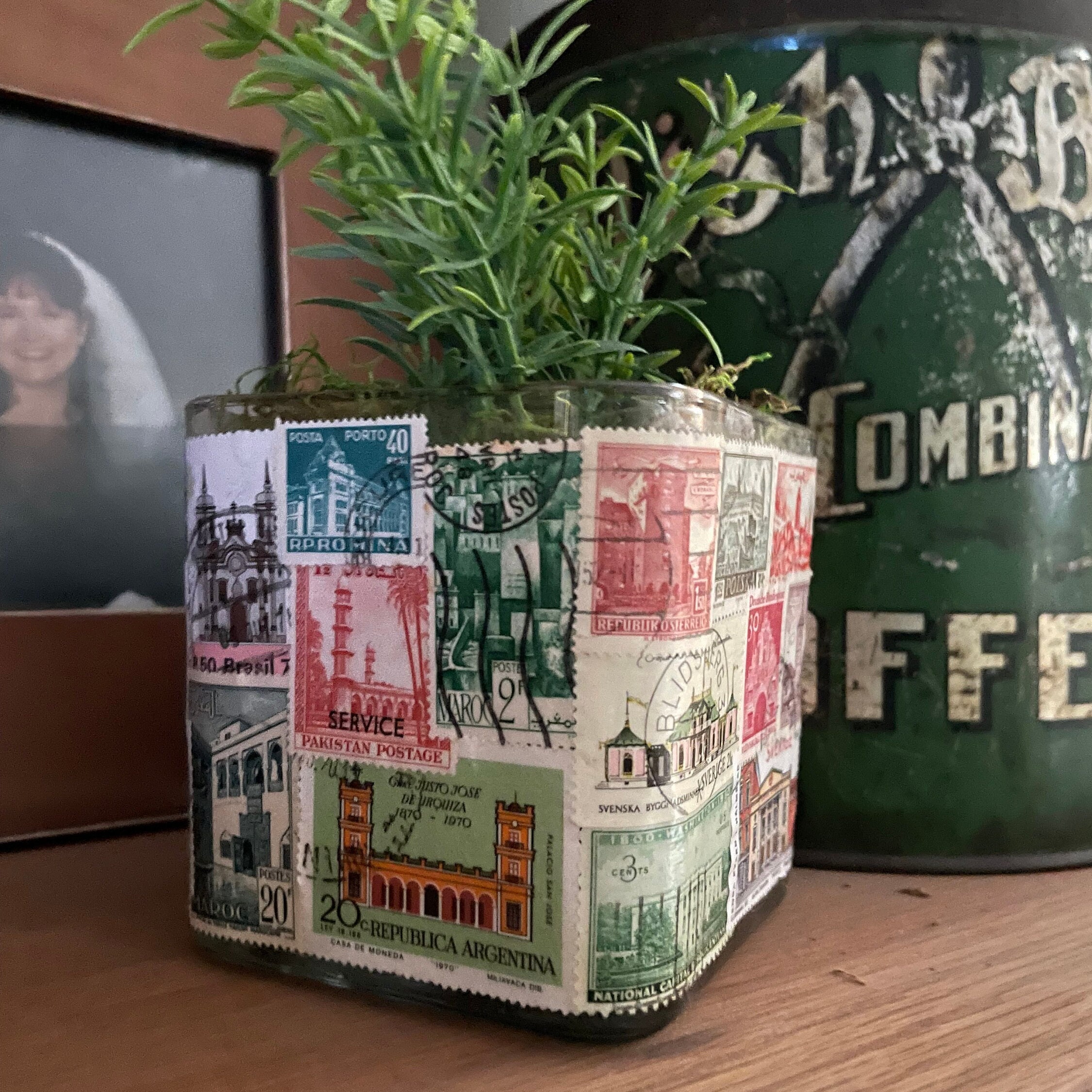 Vintage Postage Stamp Glass Cup, Planter, Candle Holder, Old Stamps ...