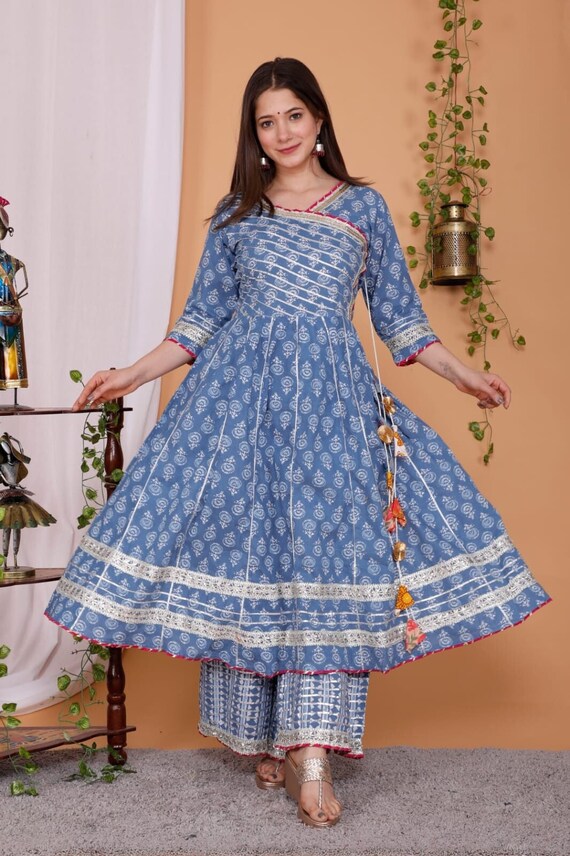 Traditional Indian Angrakha Style Flared Anarkali Gown With | Etsy