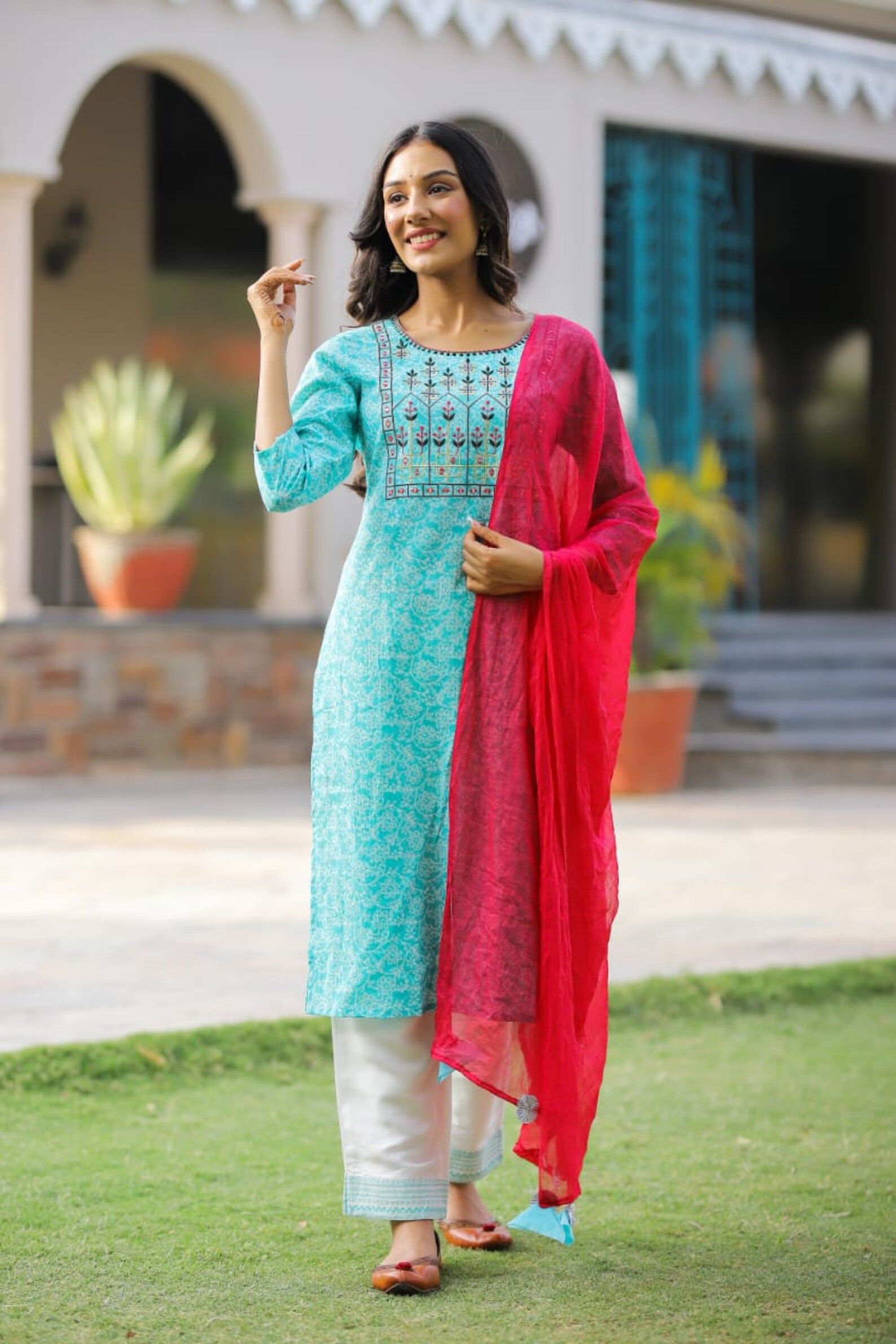Indian Embroidered Blue Straight Kurta Suit Set With Red - Etsy