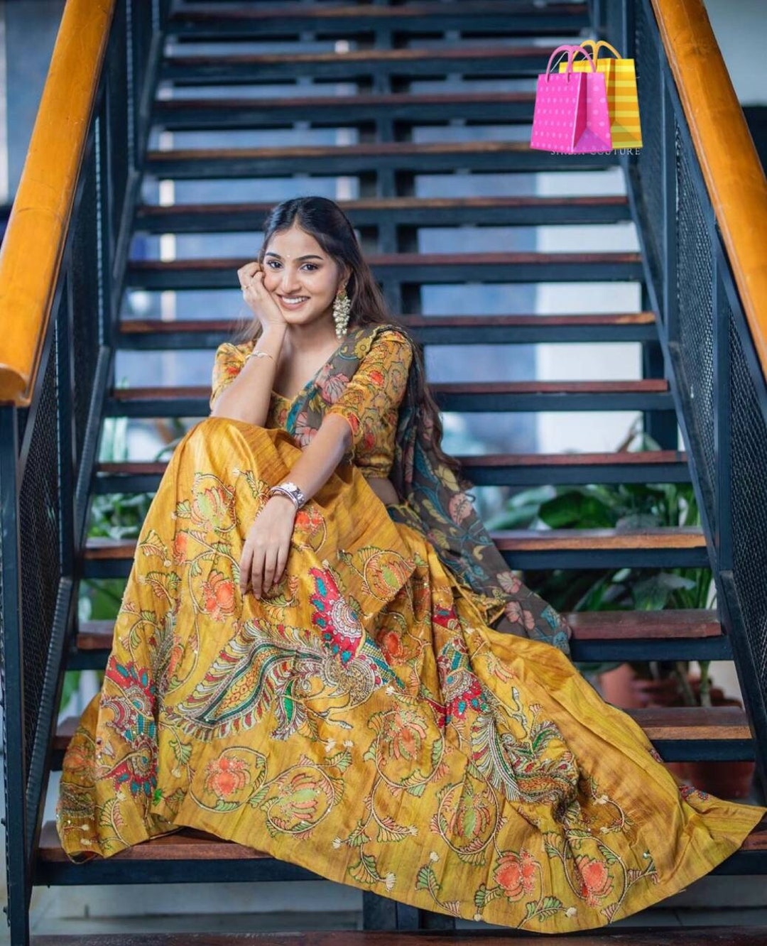 Kalamkari Print Indian Lehenga Choli Set, Yellow & Green Tunic Combo 3 Pc Set Readymade ...