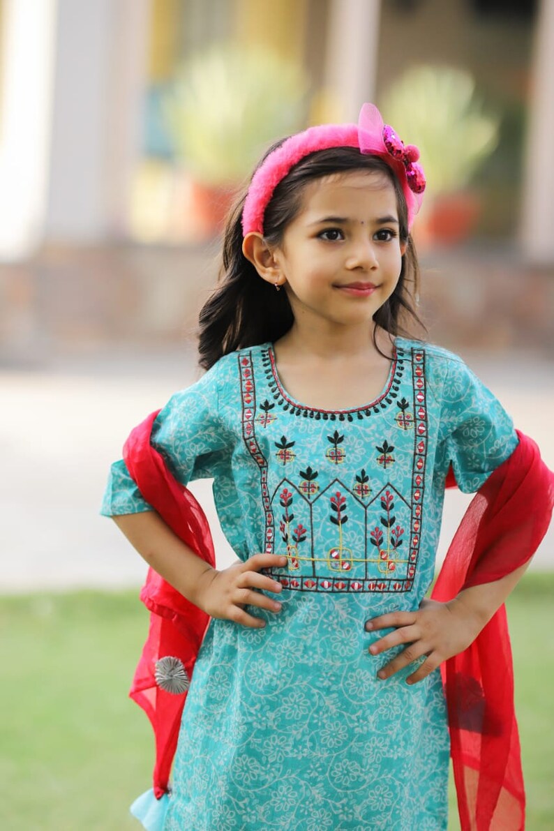 Indian Embroidered Blue Straight Kurta Suit Set With Red - Etsy