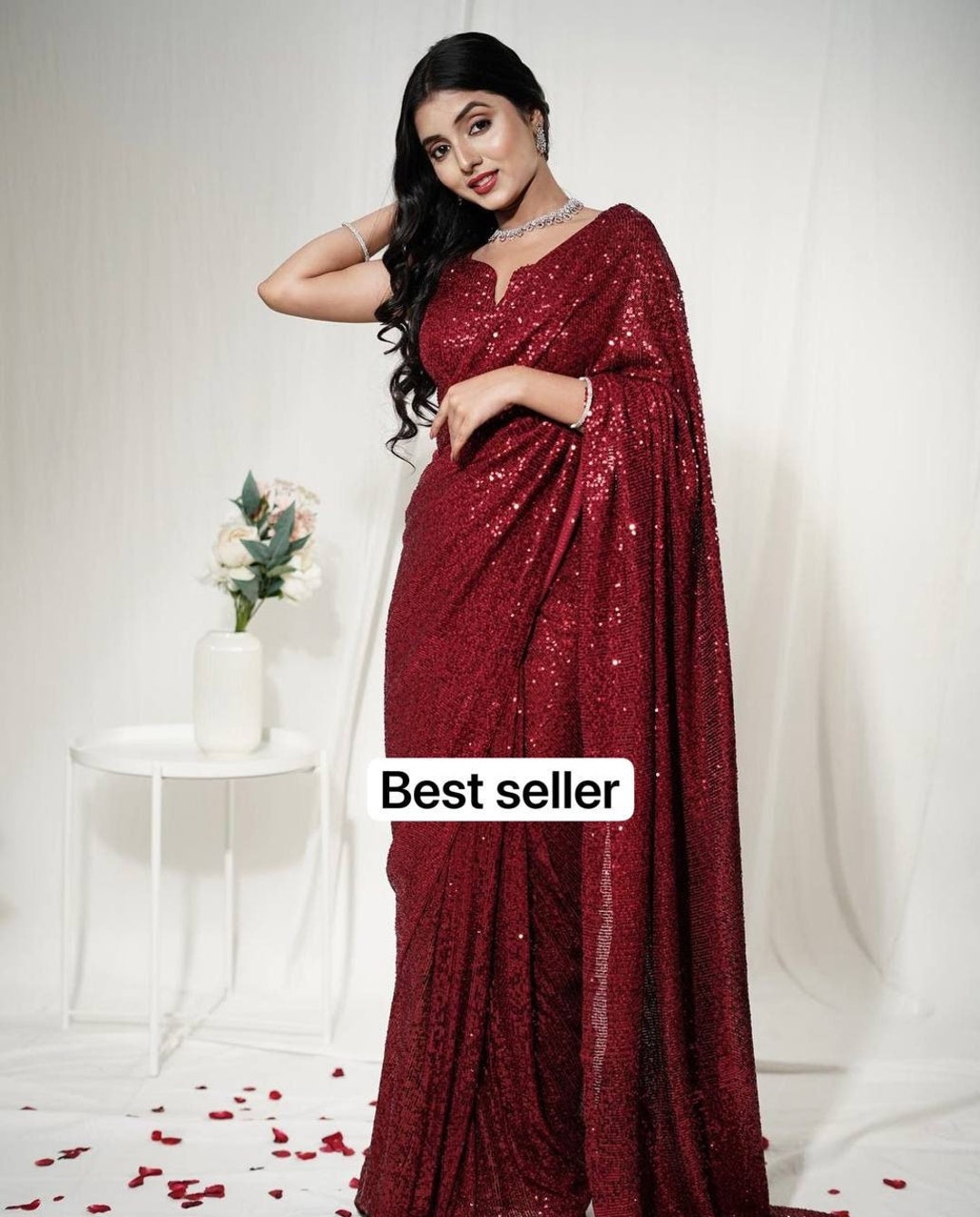 Hot Chic Red Sequence Saree Bridesmaid Modern Indian Attire Bollywood ...