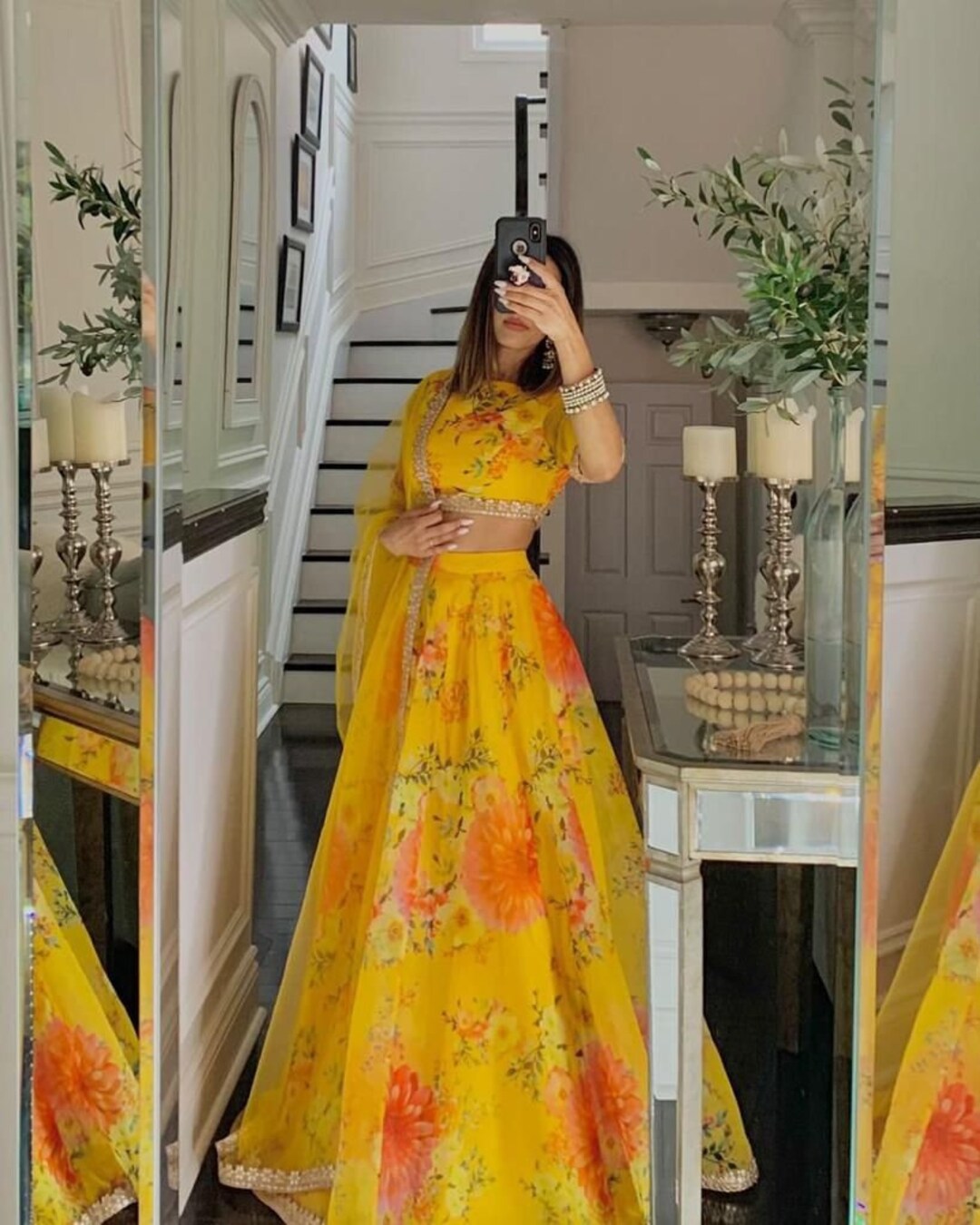 Haldi Ceremony Lehenga Set Floral Yellow Bridal Organza Lehenga Set Unique Bridesmaids Indo ...