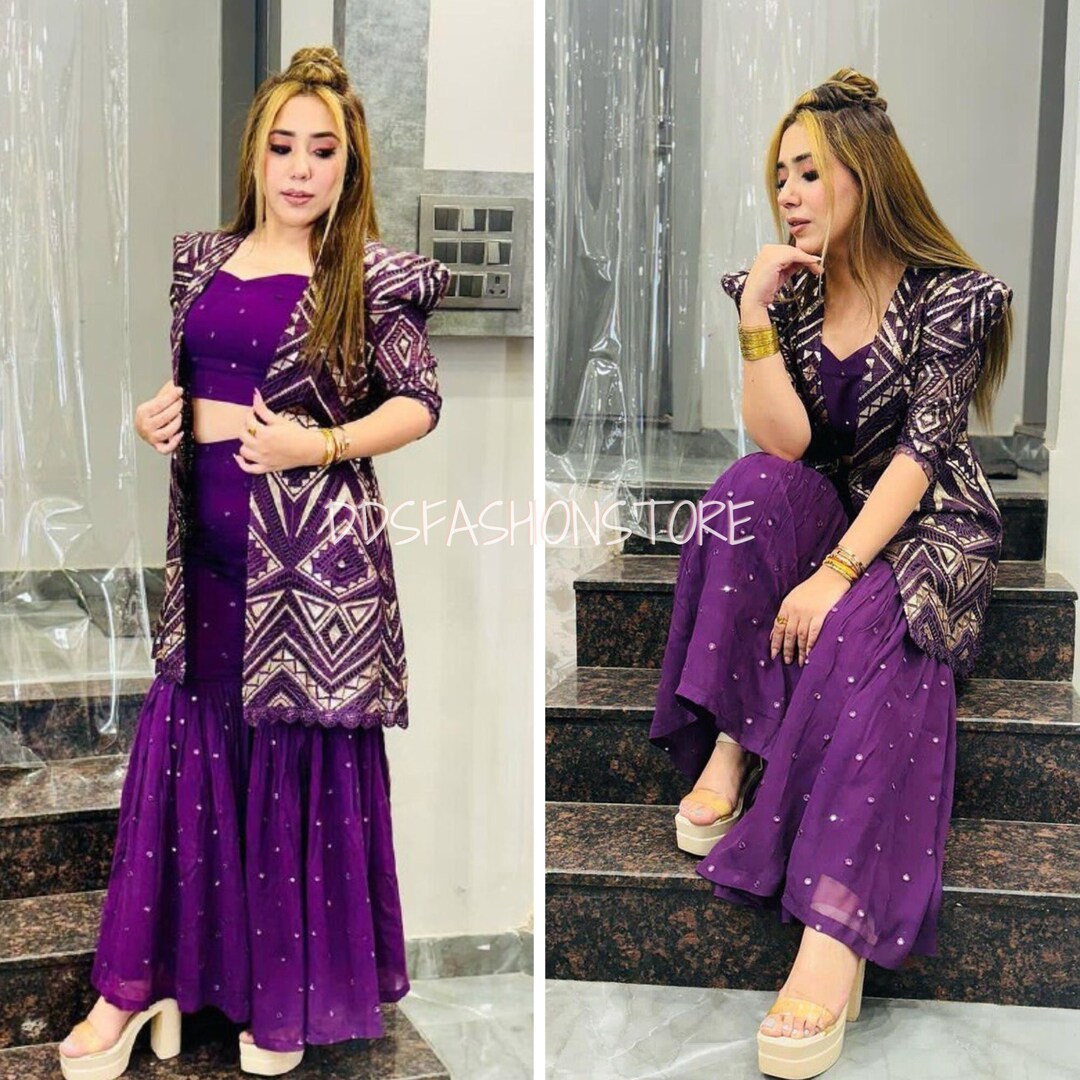 Wedding Gala: Purple Embroidered Designer Choli Sharara Set With Koti ...