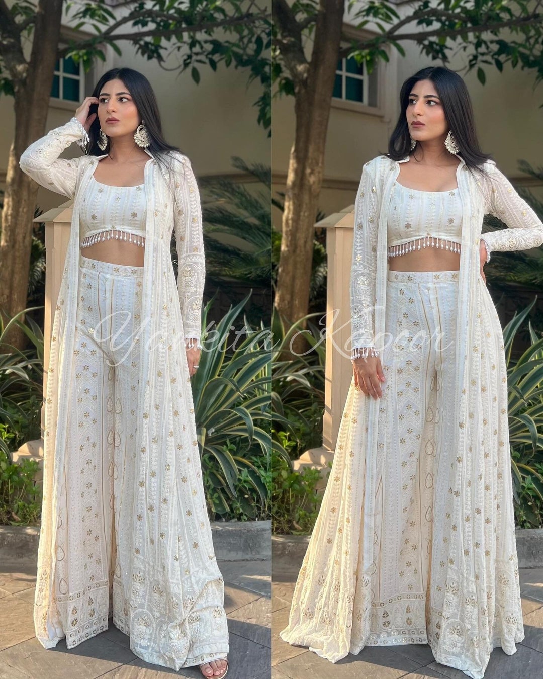 Bollywood Inspired White Lucknavi Cape Crop Top and Palazzo ...