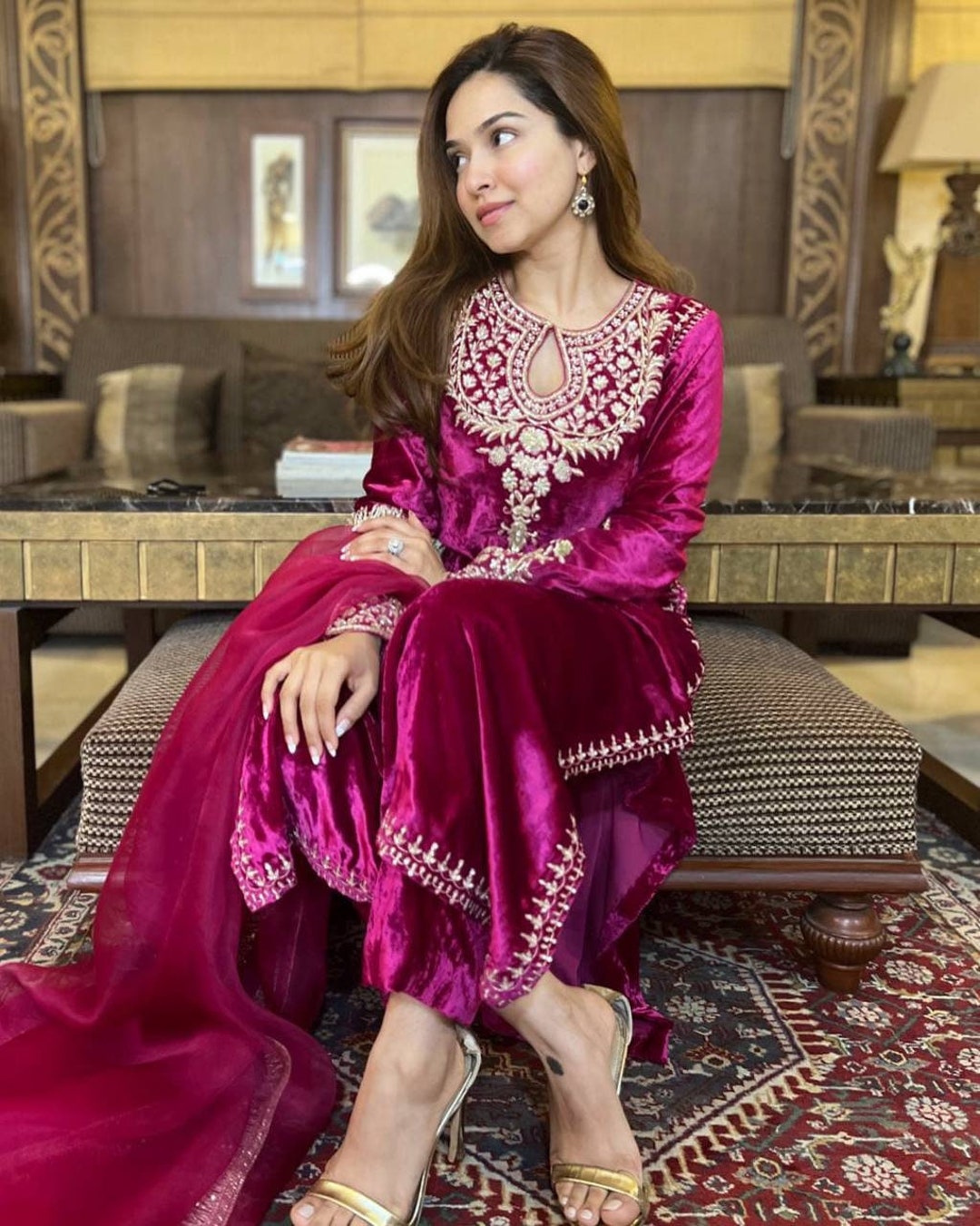 Pakistani Velvet Suit Zari Embroidery Work Pink Color Suit, 3 Pc Winter ...