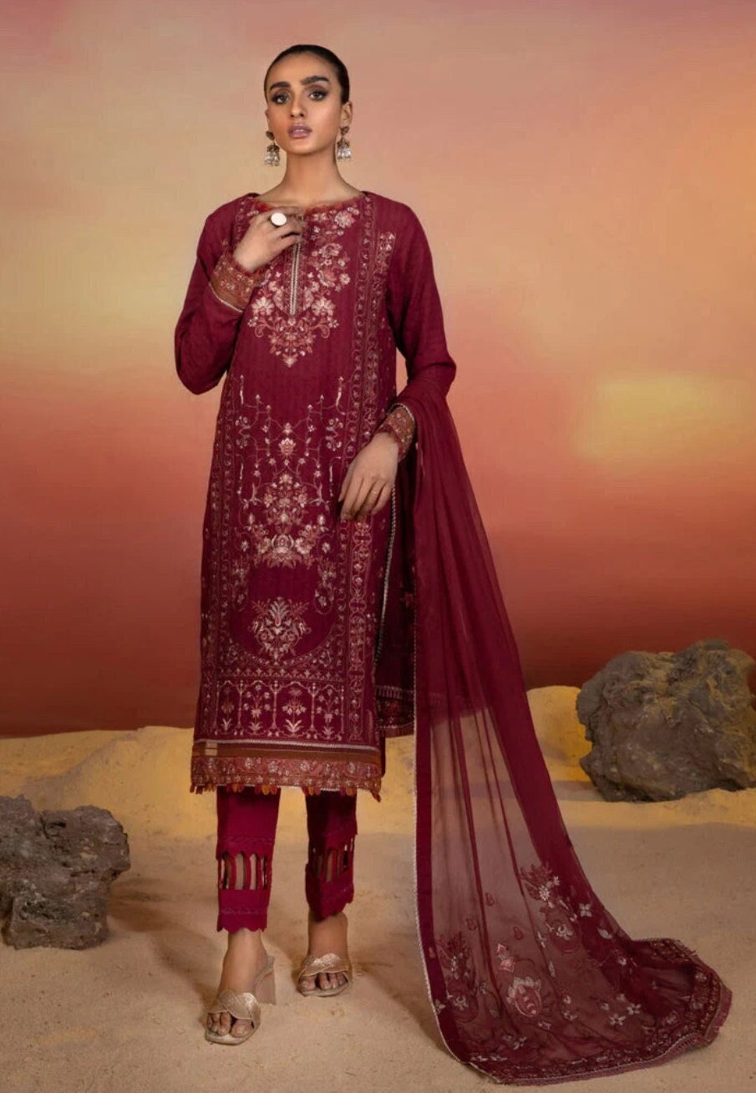 Maroon : 3 Piece Embroidered Suit - Etsy