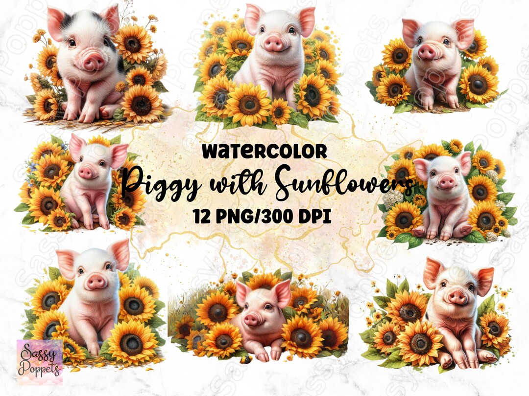 Pig With Sunflower Clip Art, Piggy Illustrations, Digital Art, - Etsy