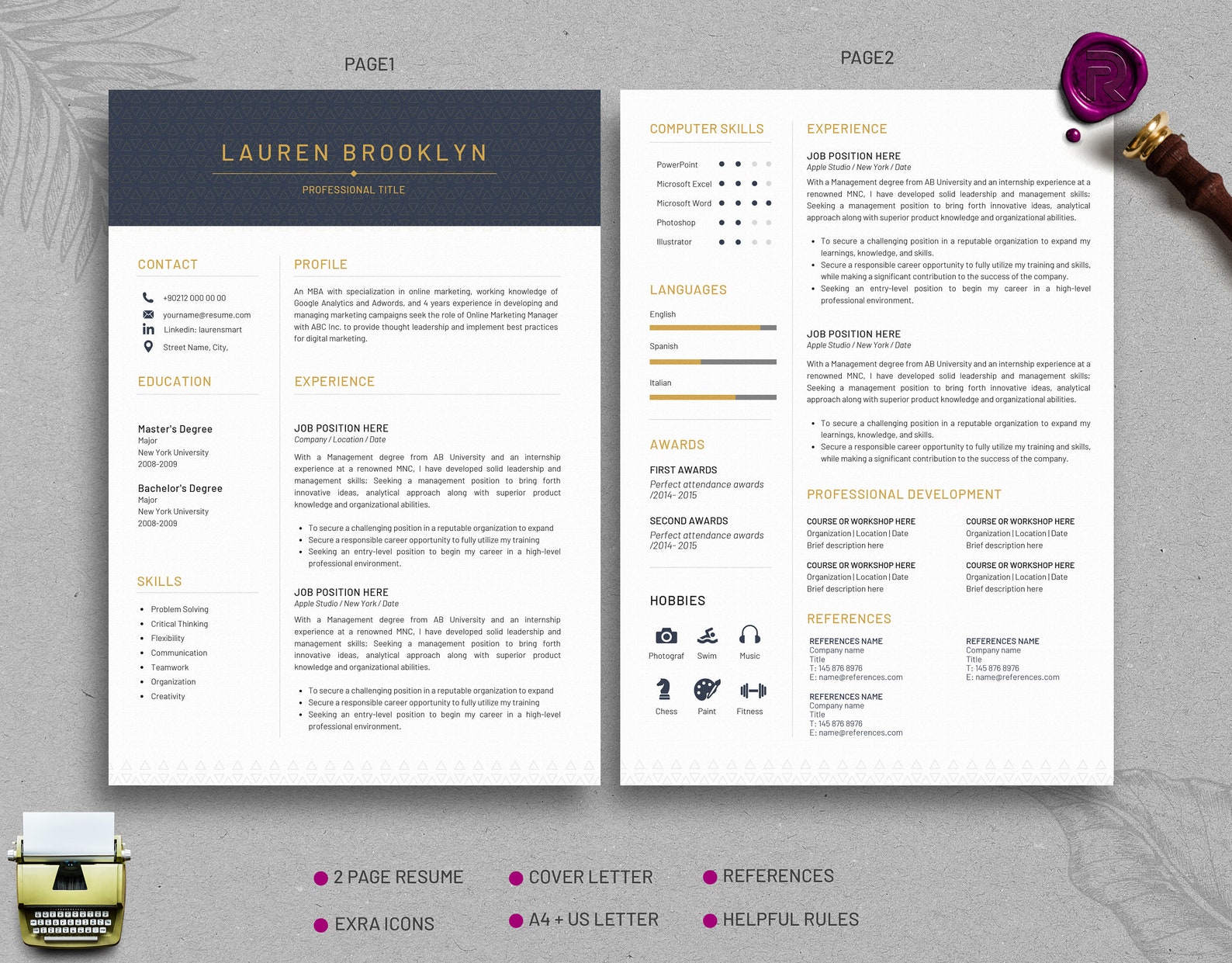 Professional Resume Template For Canva 2 4 Page CV Template Etsy