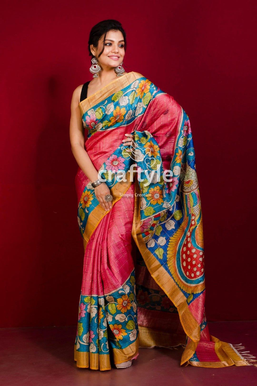 Amaranth Red Handcrafted Bishnupuri Tussar Kalamkari Sarees | Zari ...