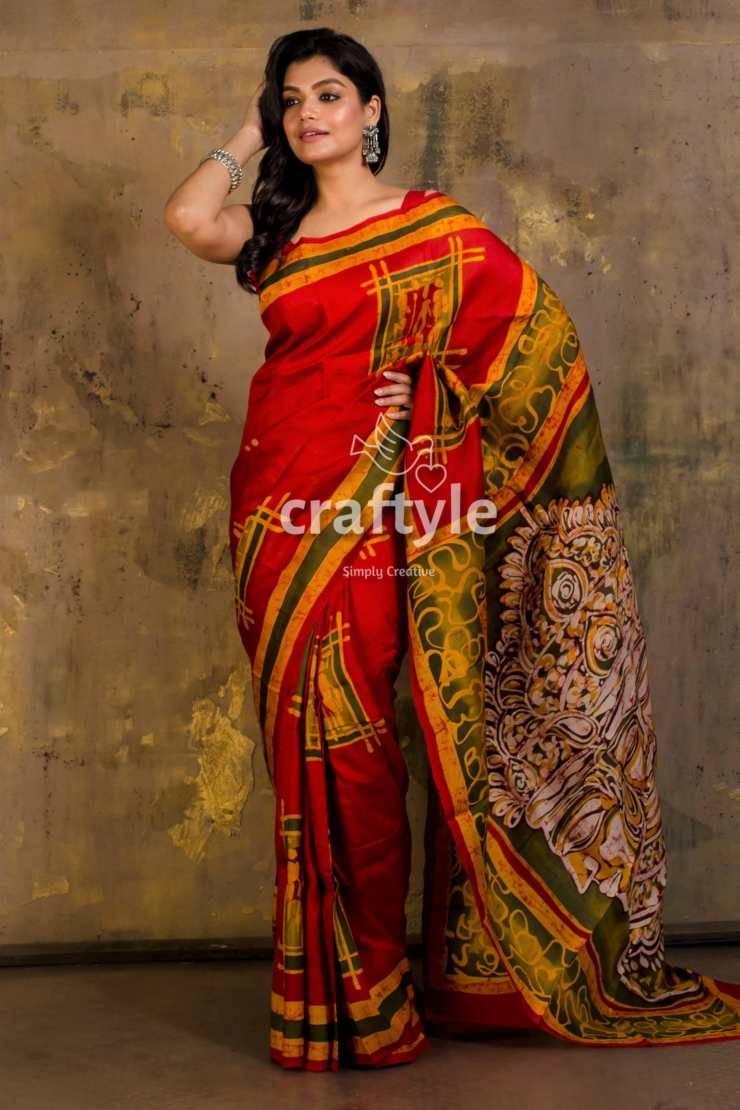 Batik Painted Vivid Red Saree Mulberry Pure Silk Sari With Blouse Piece ...