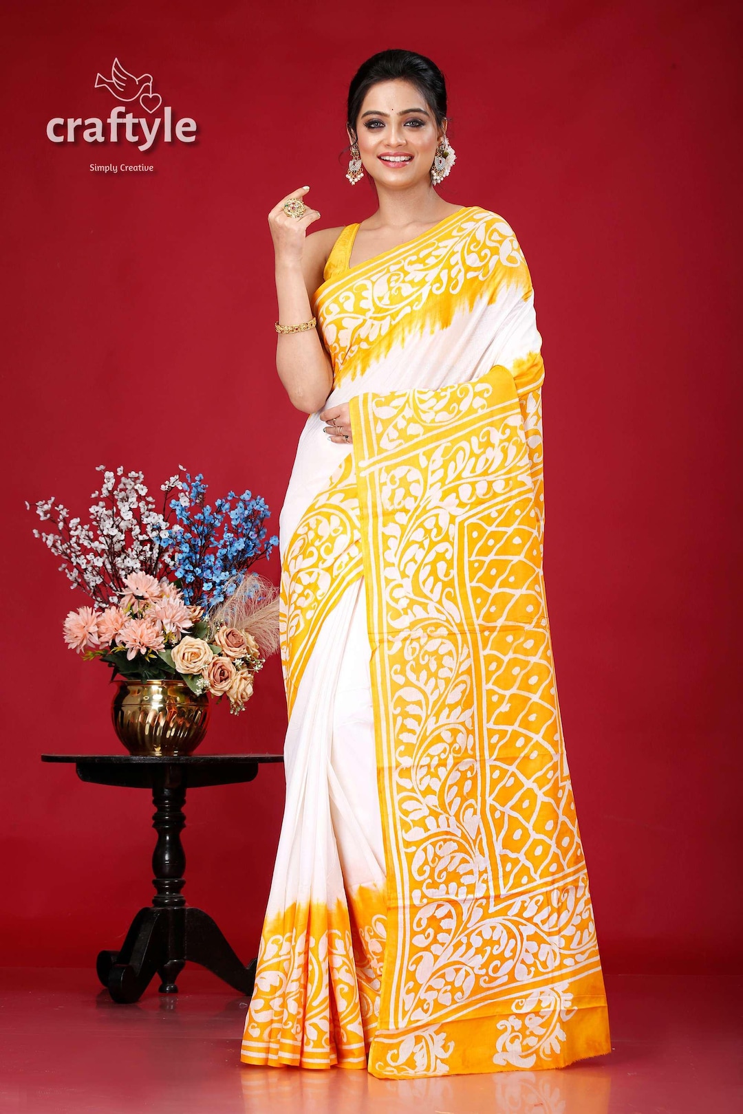 Yellow and White Soru Tuli Hand Batik Pure Cotton Saree Vibrant and ...
