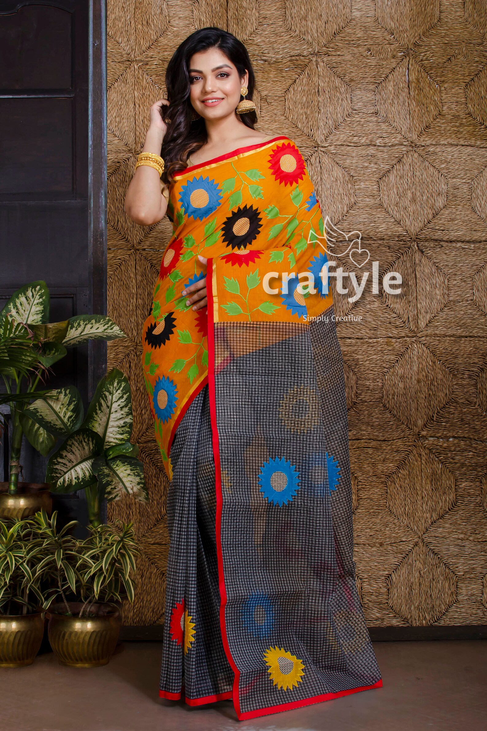 Patch Work Resham Check Saree With Blouse Piece Sunflower Motif ...
