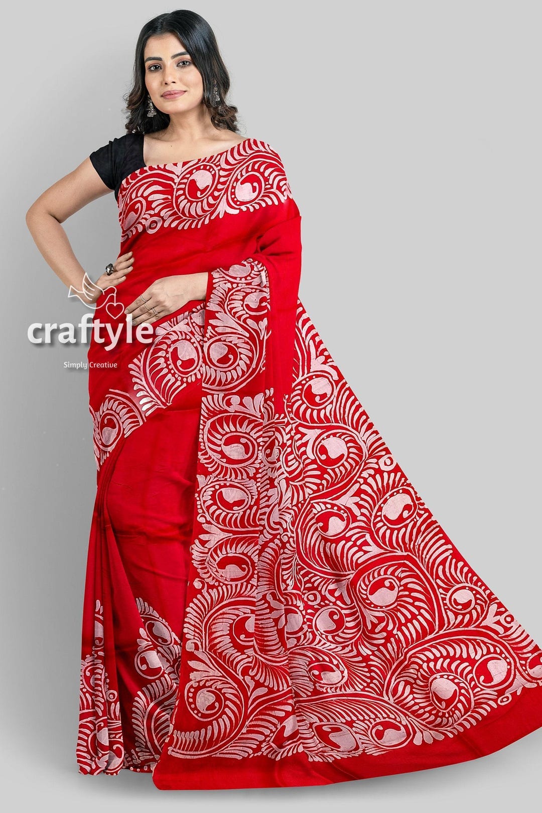 Hand Batik Silk Saree - Handcrafted Red White Soru Tuli Style, Pure ...