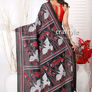 Black Paprika Red Flying Bird Themed Silk Kantha Saree Blended ...