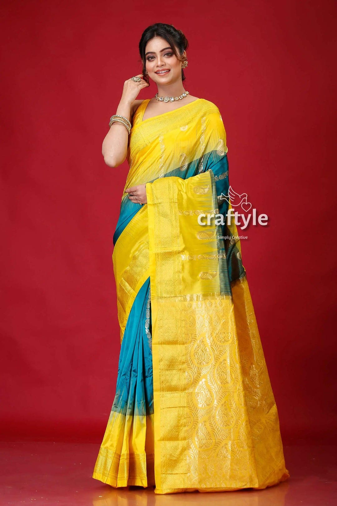 Jungle Green and Yellow Soft Silk Kanjivaram Saree - Etsy
