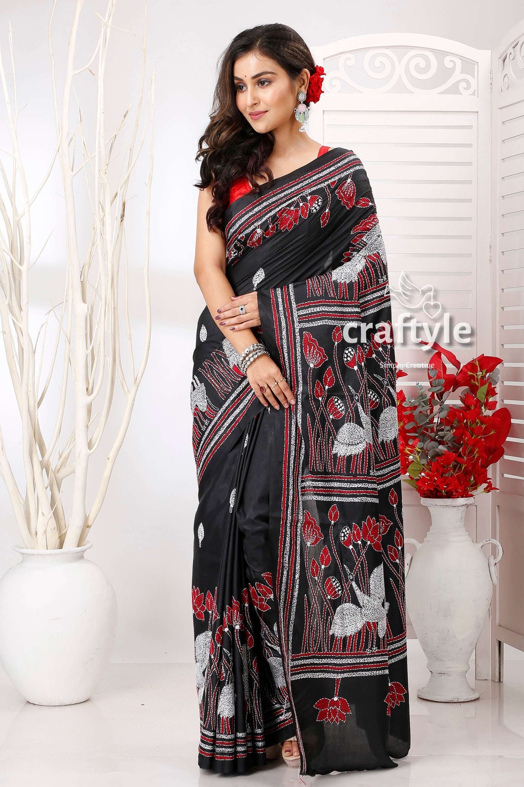 Black Paprika Red Flying Bird Themed Silk Kantha Saree Blended Bangalore Silk - Etsy