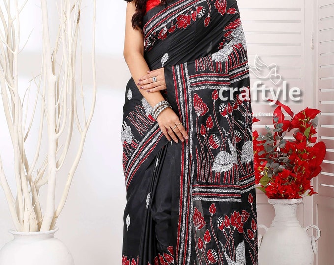 Black Paprika Red Flying Bird Themed Silk Kantha Saree | Blended ...