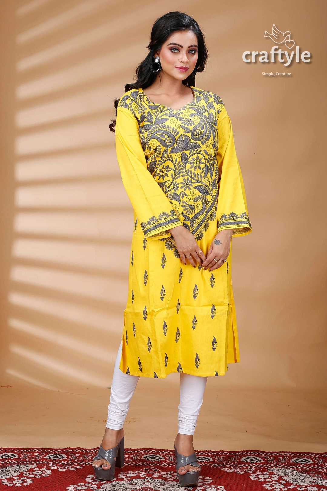 Yellow and Slate Grey All Over Work Kantha Cotton Kurti - Etsy