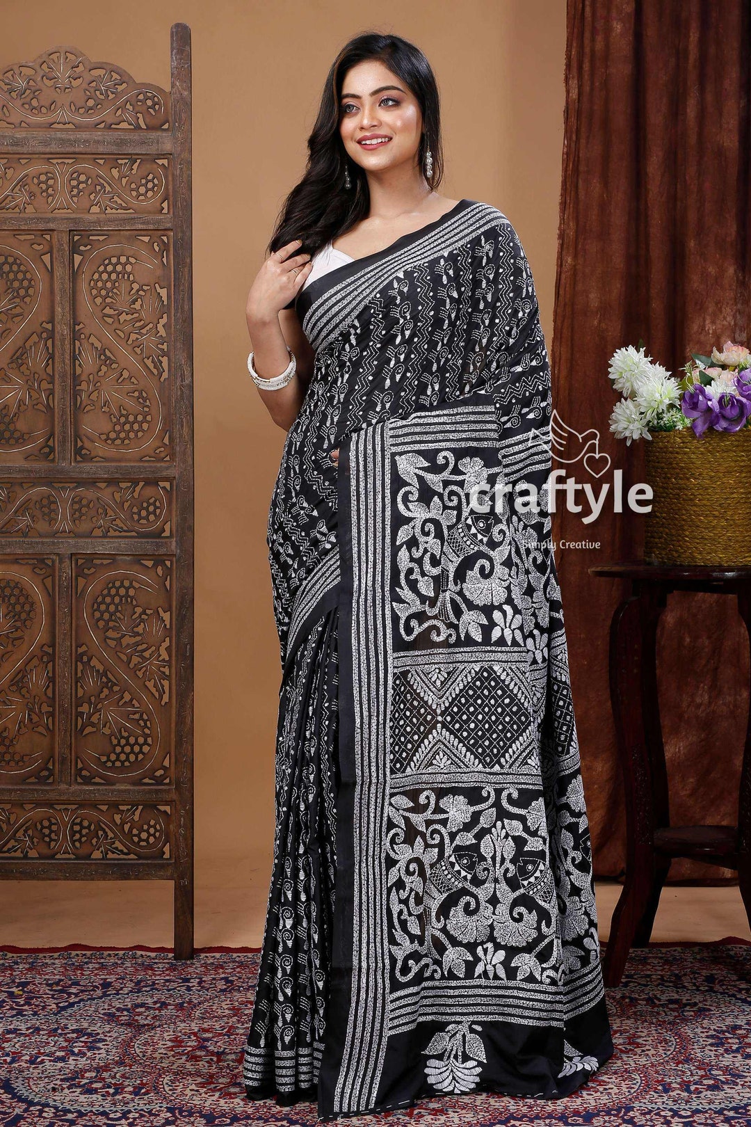 Bengal Fish Motif Black and White Hand-stitched Kantha Silk Saree - Etsy
