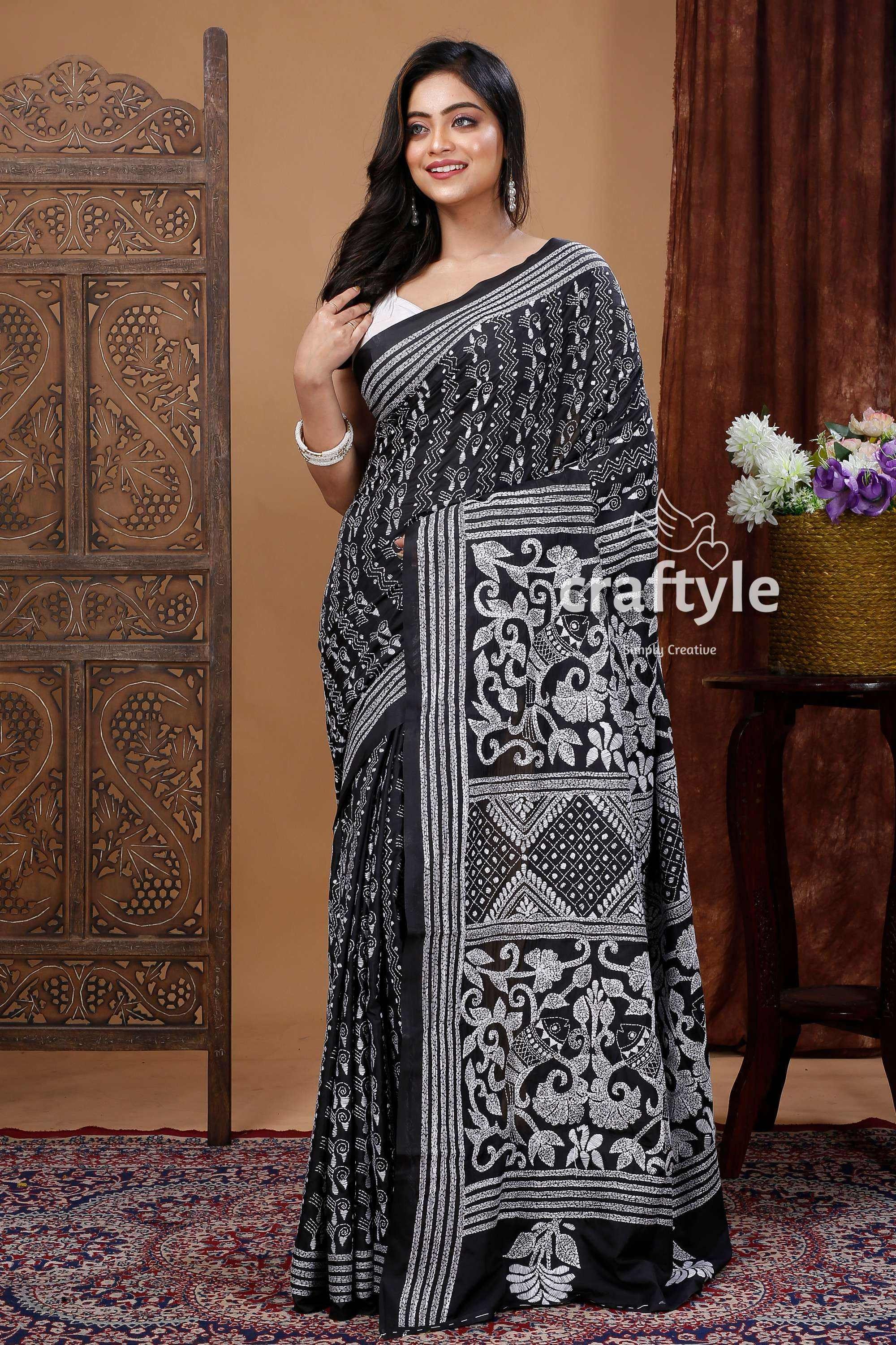 Bengal Fish Motif Black and White Hand-stitched Kantha Silk Saree - Etsy
