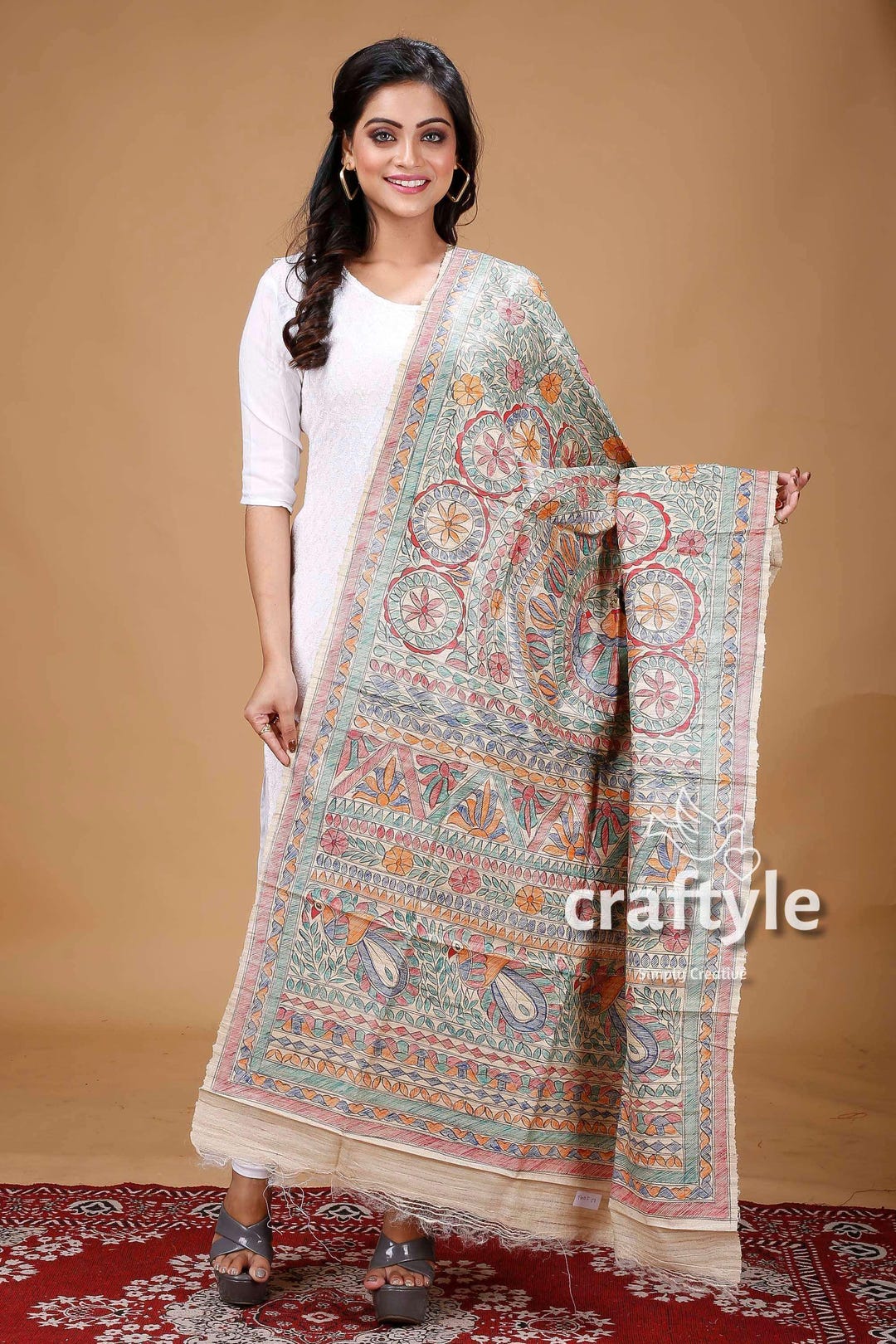 Handpainted Madhubani Gicha Tussar Silk Shawl, Multicolor Silk Dupatta ...