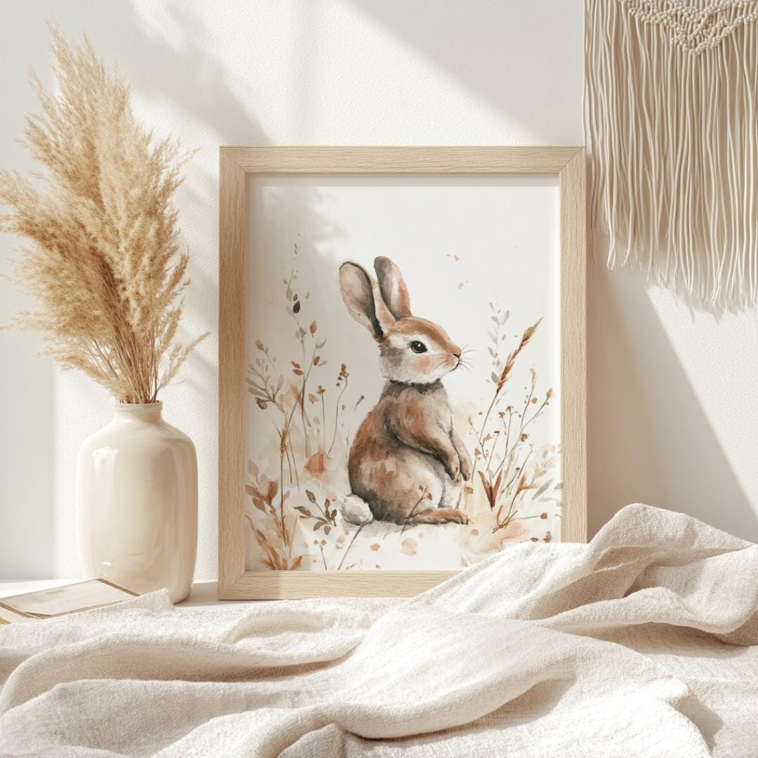 Watercolor Bunny Wall Art, Rustic Woodland Animal Print, Digital Rabbit ...