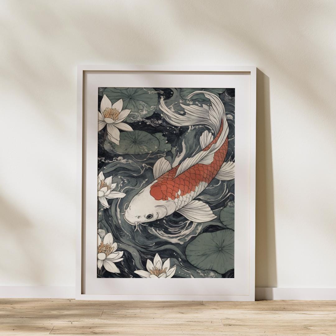 Japanese Koi Fish Wall Art | Vintage Lotus Pond Print | Zen Watercolor ...