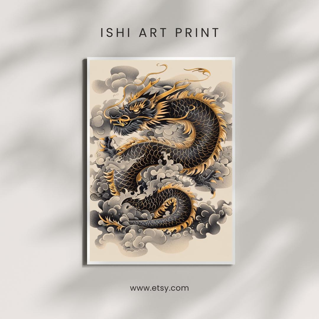 Japanese Dragon Wall Art Print - Black Gold Oriental Serpent Poster for ...