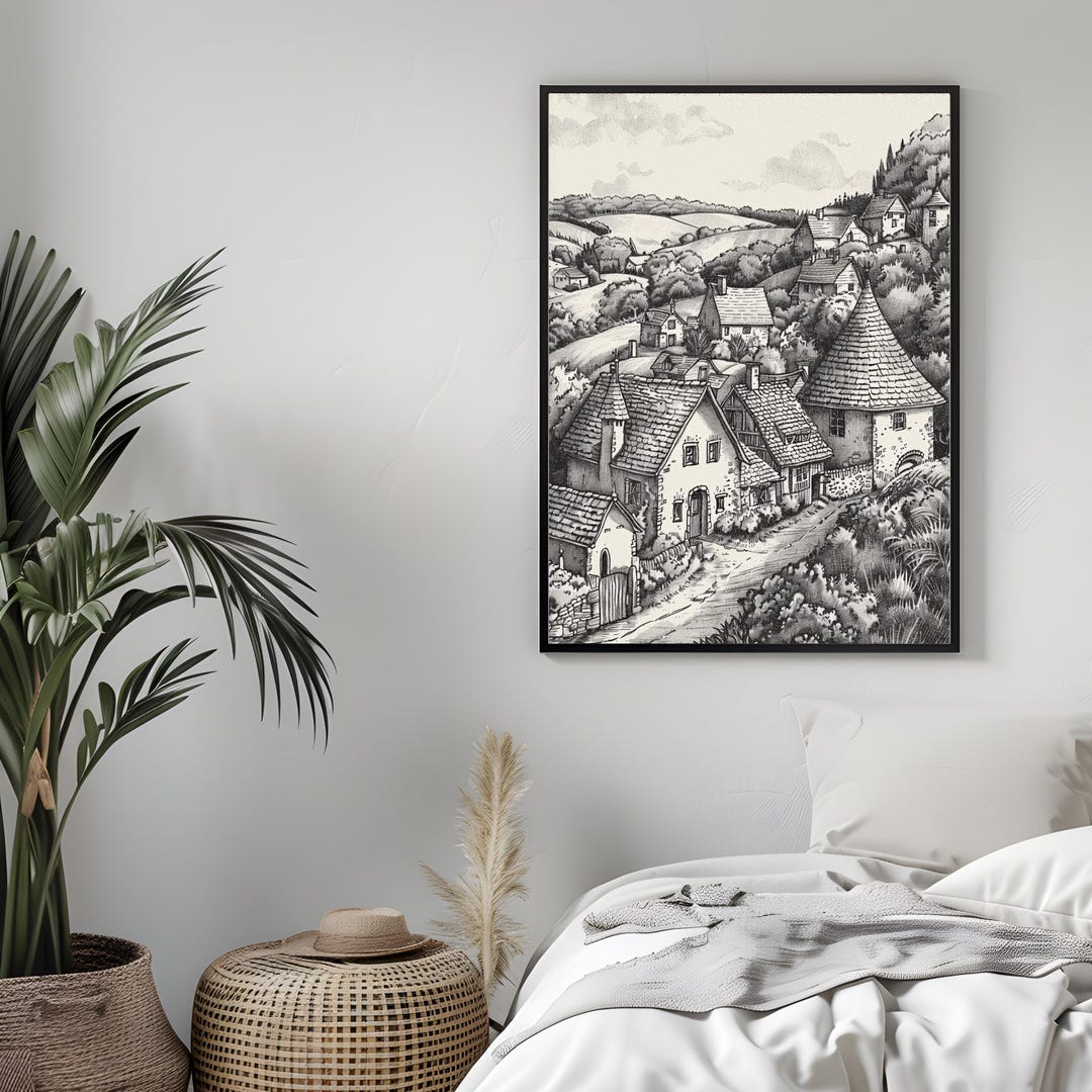 Rustic Village Landscape Line Art Print – Black & White Cottagecore ...