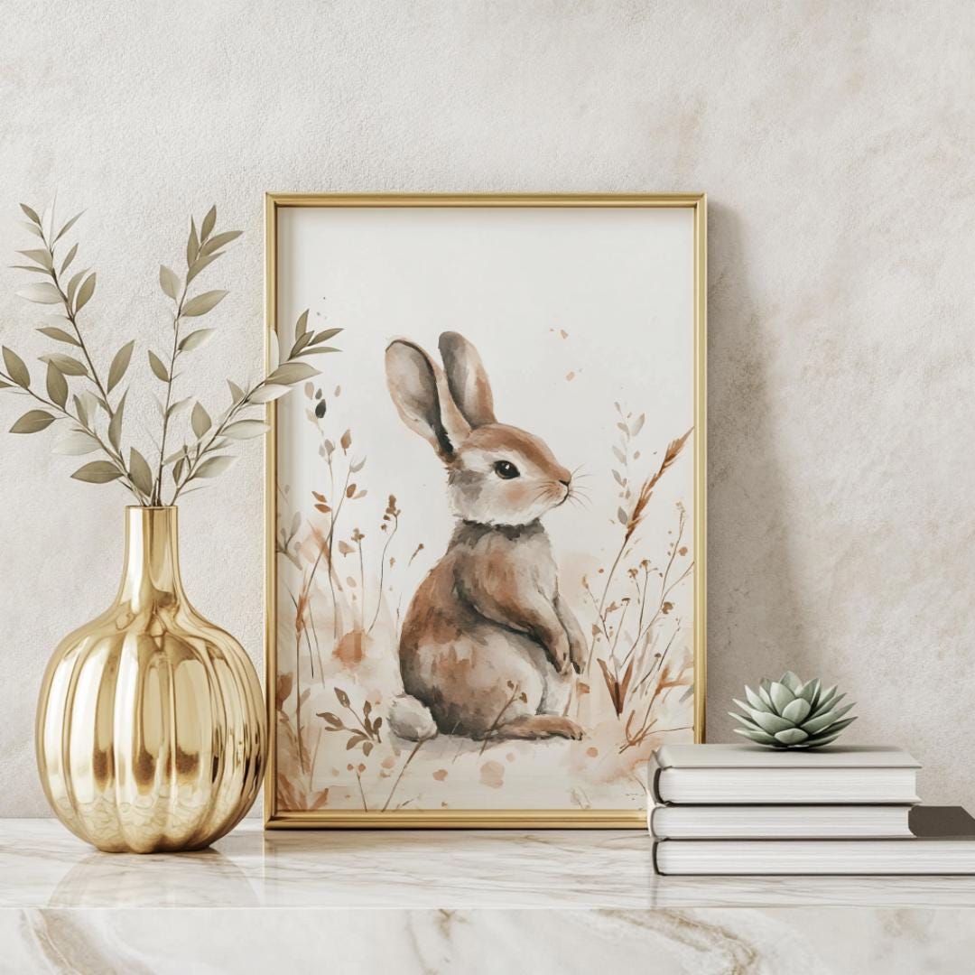 Watercolor Bunny Wall Art, Rustic Woodland Animal Print, Digital Rabbit ...