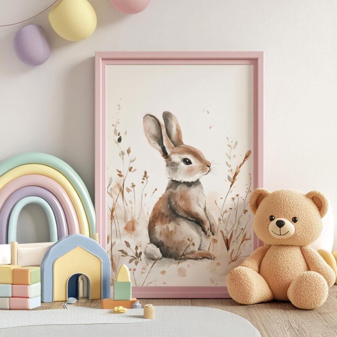 Watercolor Bunny Wall Art, Rustic Woodland Animal Print, Digital Rabbit ...