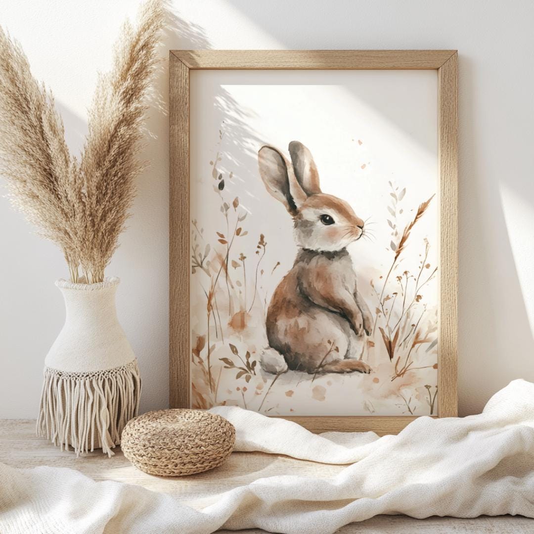 Watercolor Bunny Wall Art, Rustic Woodland Animal Print, Digital Rabbit ...