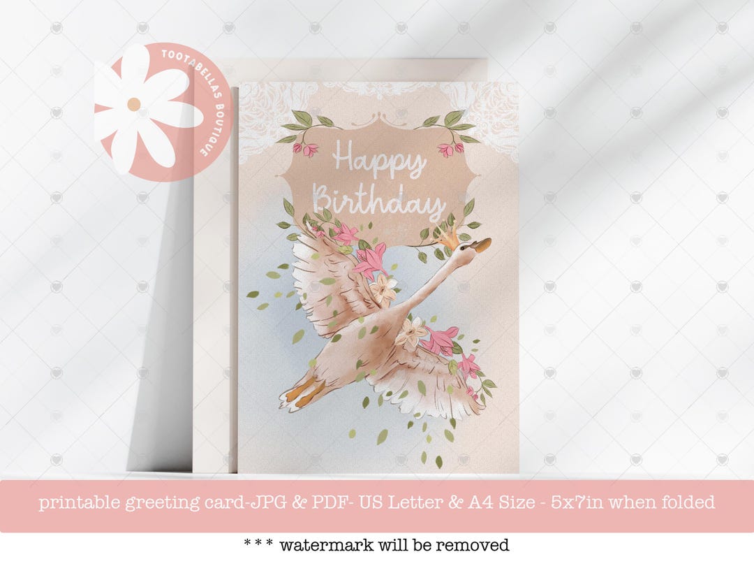 Swan Birthday Card Printable 5x7 Instant Download, Girls Whimsical ...