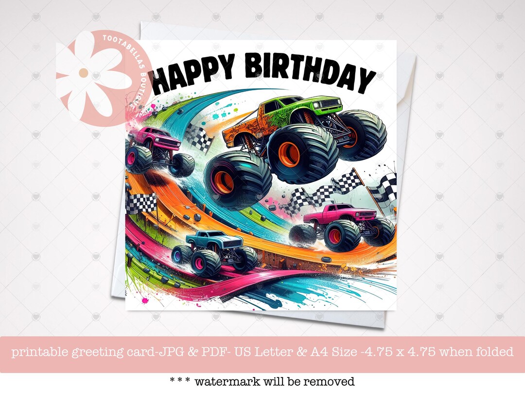 Monster Truck Birthday Card: Printable PDF for Kids (instant Download ...