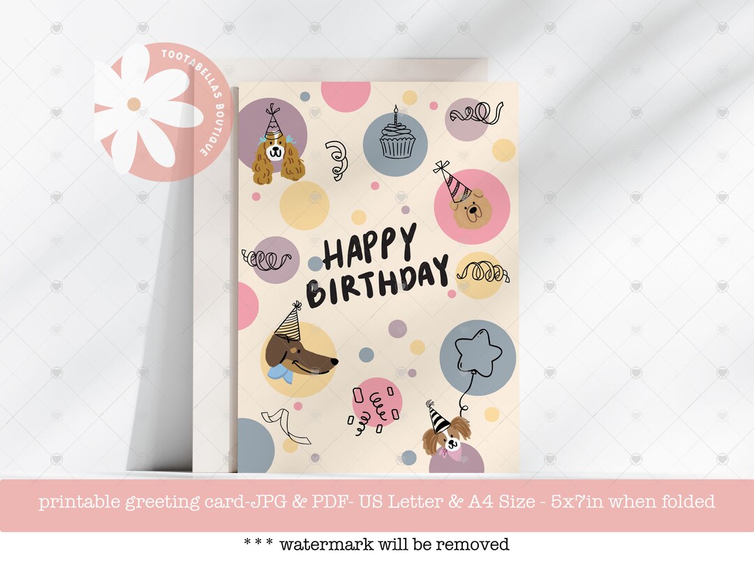 Printable Birthday Card, Cute Dog Birthday Card, Dog Lover Card, Card ...