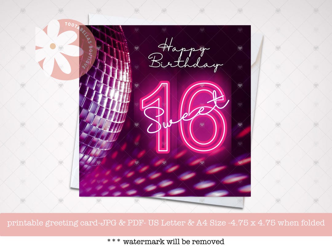 Neon Sweet 16 Birthday Card: Pink Disco Theme (digital Download) - Etsy