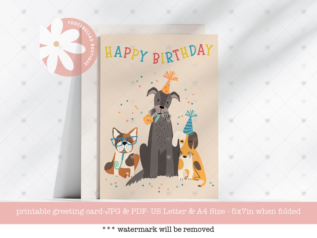 Printable Birthday Card, Happy Birthday Card, Cute Dog Greeting Card ...