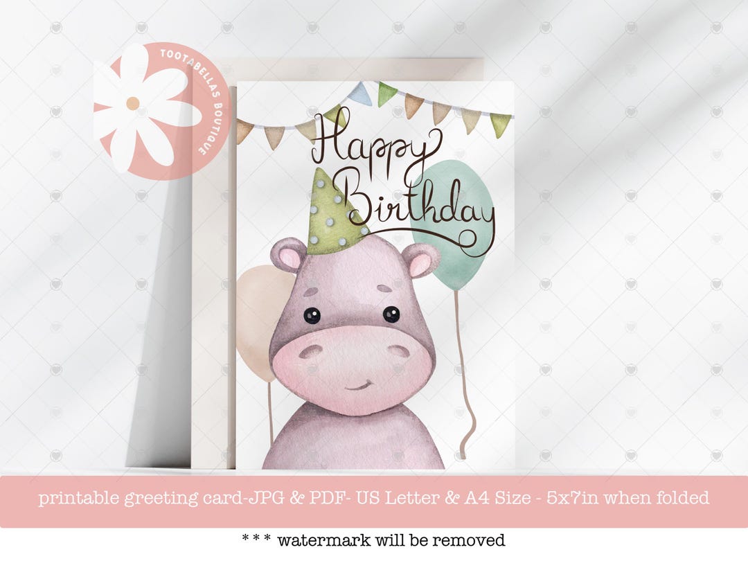 Printable 5x7 Birthday Card, Cute Hippo Greeting Card, Hippo Digital ...