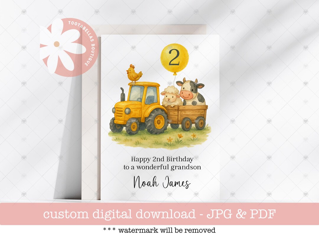 Custom Farm Animals Birthday Card: Watercolor Tractor (digital Download ...
