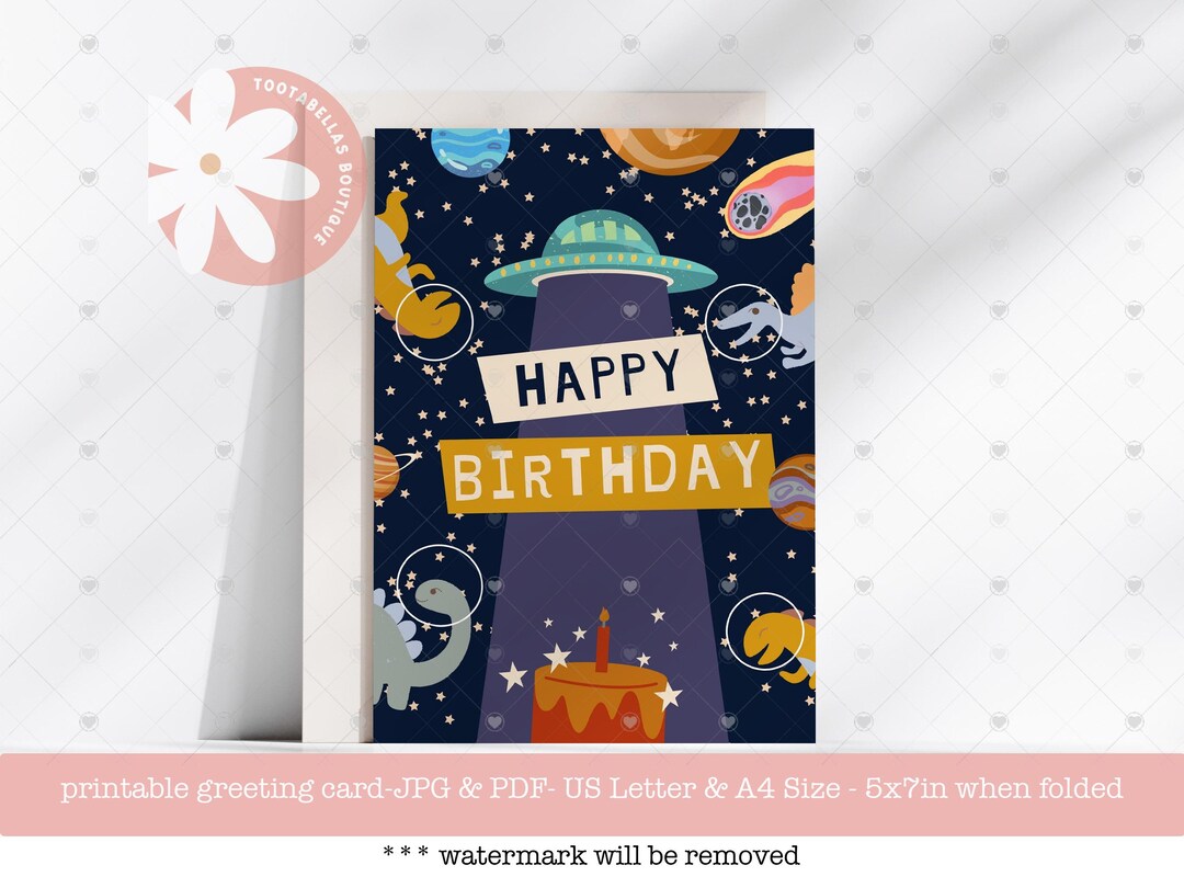 Space Dinosaur Birthday Card Printable Instant Download, Outer Space ...