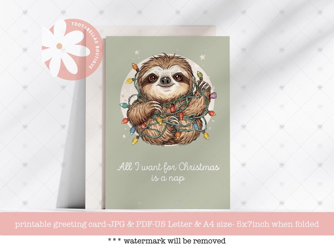 Funny Sloth Christmas Card Printable, 5x7 Instant Download Holiday Card ...