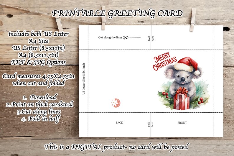 Printable Card, Merry Christmas Koala Christmas Card, Cute Koala ...