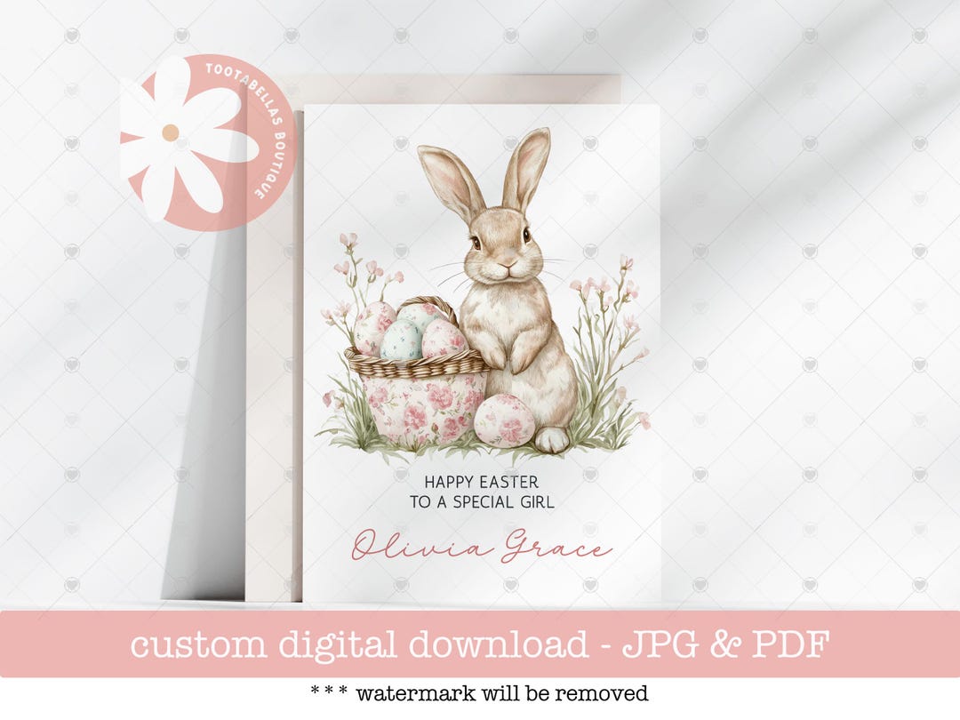 Cute Bunny Easter Card | Digital Download Printable Card for Girls ...