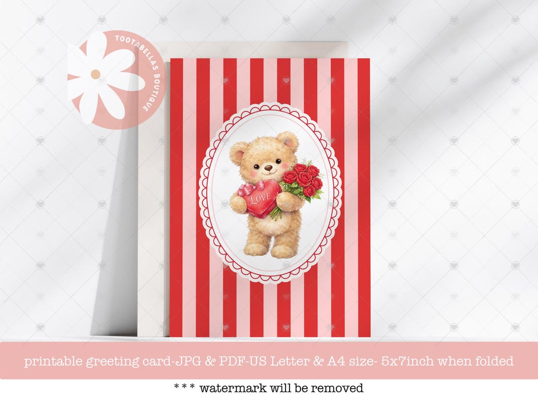 Cute Valentine Bear Card, Printable Valentine Greeting Card, Teddy Bear ...